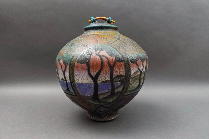 Ken Jensen 1998 Signed Large Landscape Scene Raku Pottery Covered ...