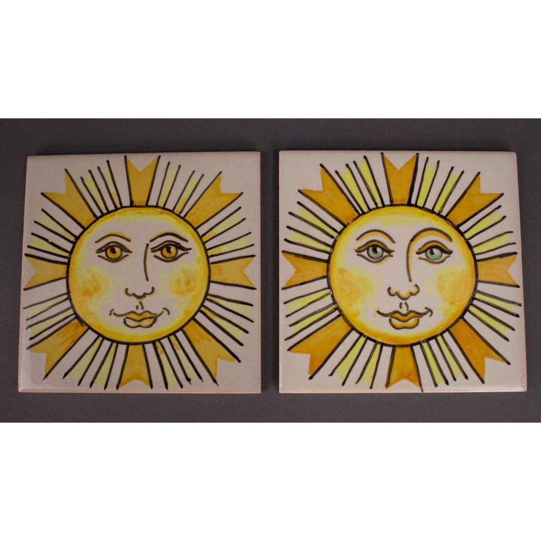 Vintage Pair Hand Painted Sun Face Square Pottery Wall Tiles - Etsy