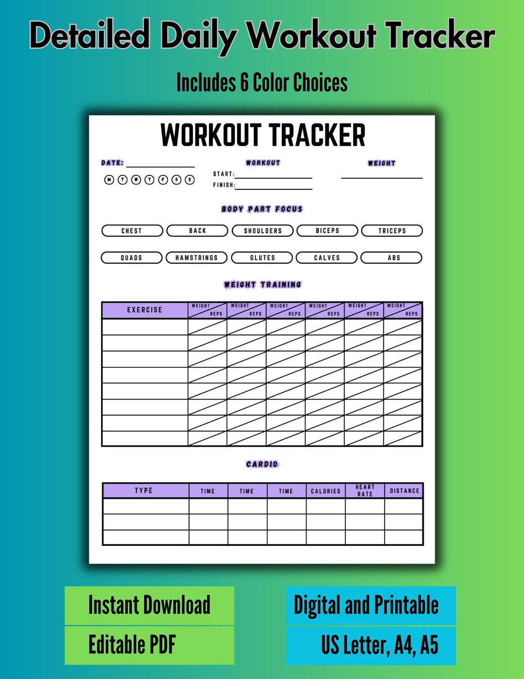 Editable Workout Planner - Digital, Printable - Detailed Workout ...