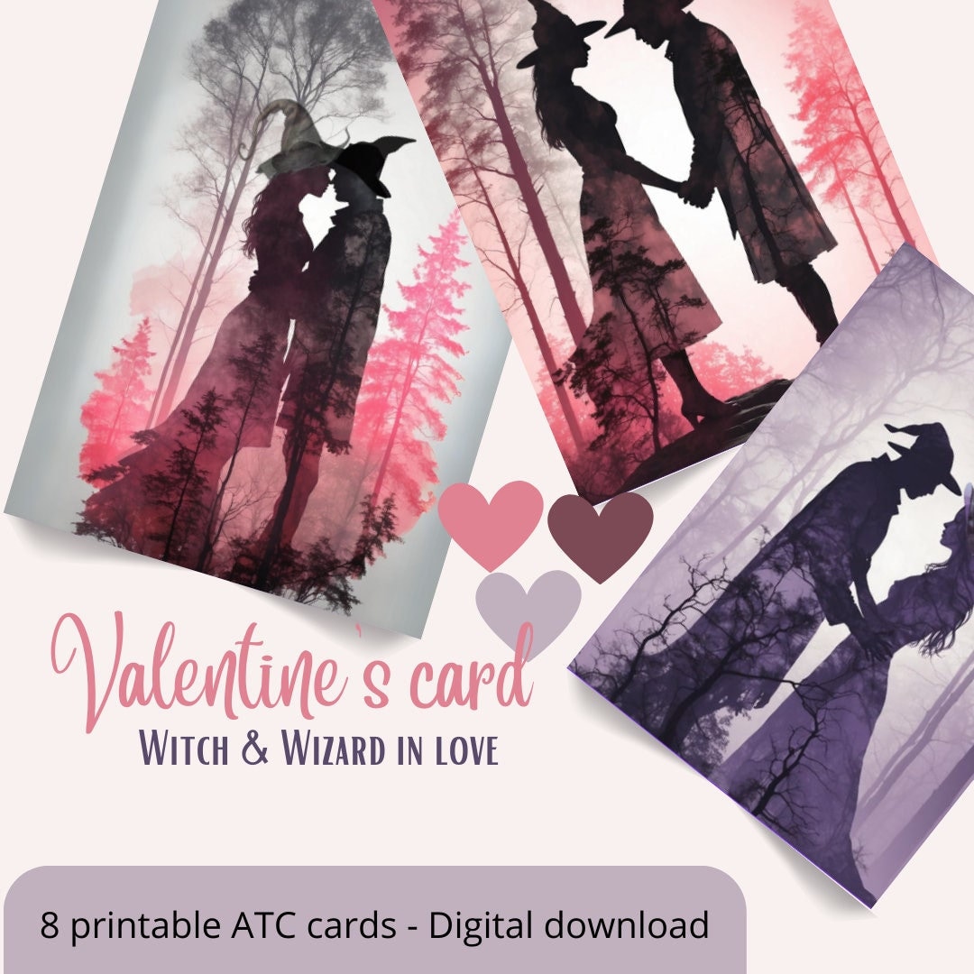 Printable Valentine's Day Card. Witch and Wizard in Love. Valentine's ...