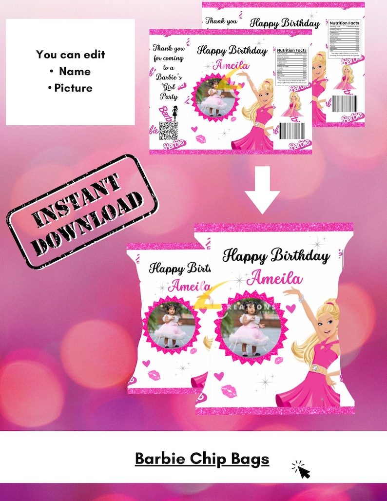 Pink Barbie Party Favors, Sparkle Party Favor Templates, Digital ...
