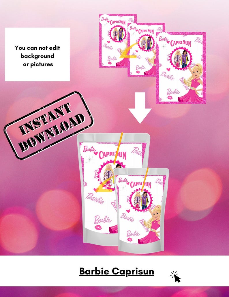 Pink Barbie Party Favors, Sparkle Party Favor Templates, Digital ...