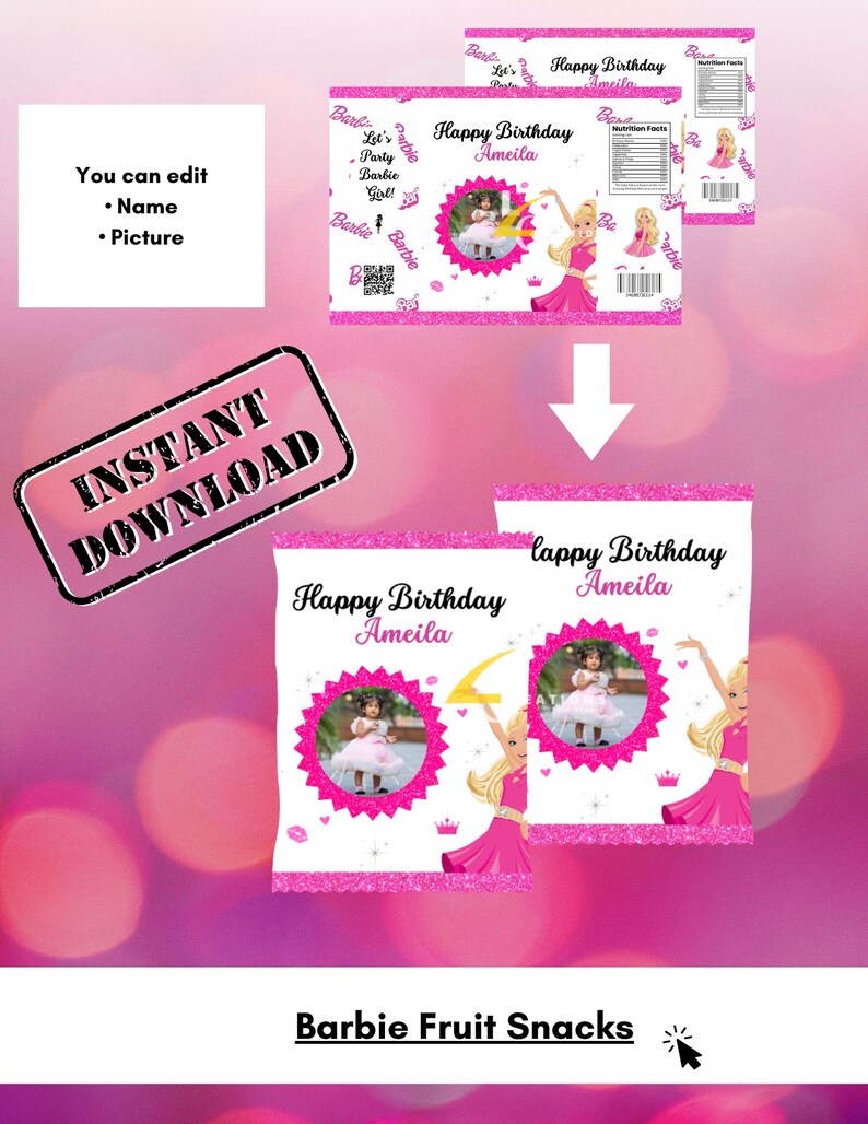 Pink Barbie Party Favors, Sparkle Party Favor Templates, Digital ...