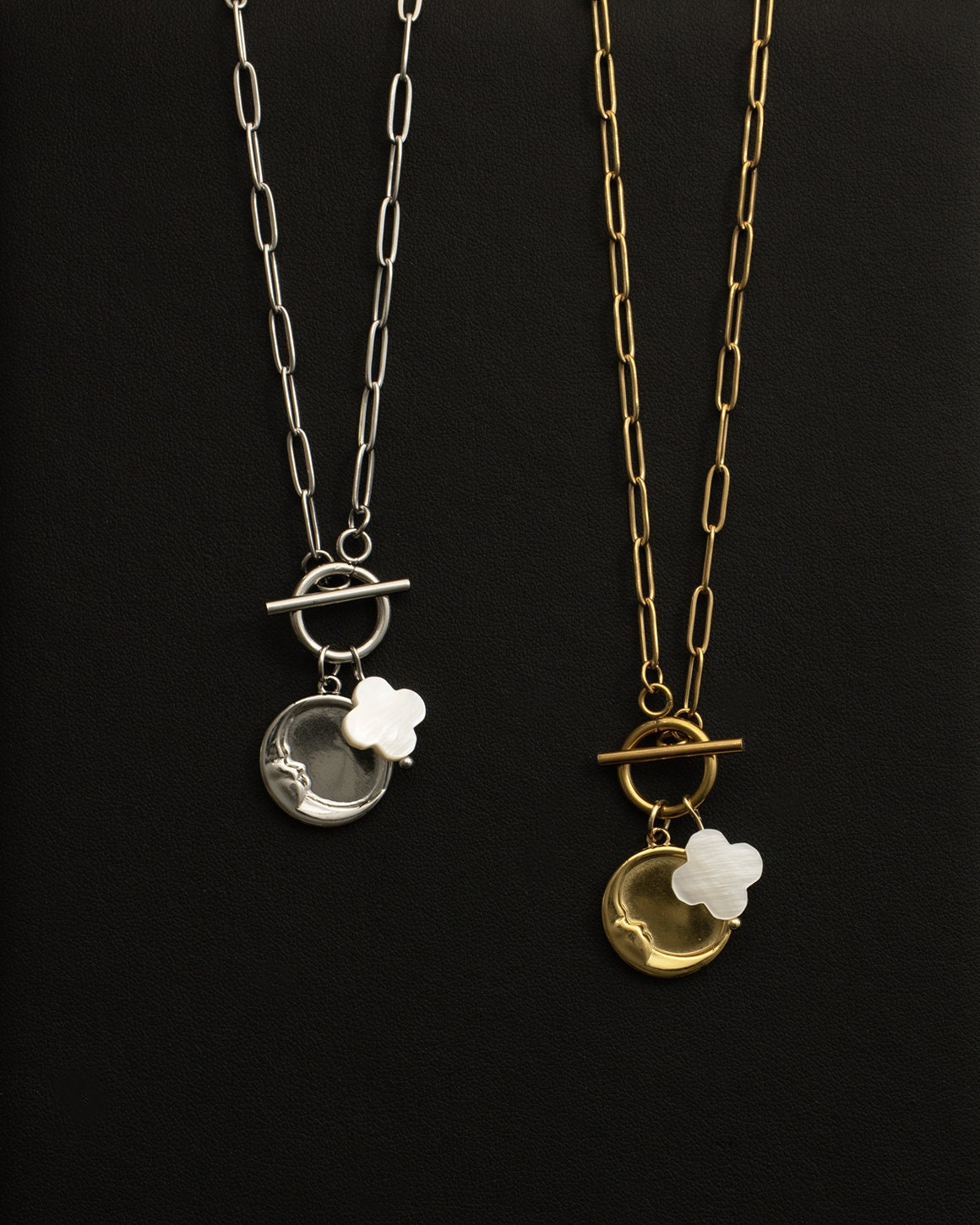 Gold Plated Paperclip Chain Moon Necklace Stainless Steel Moon and ...