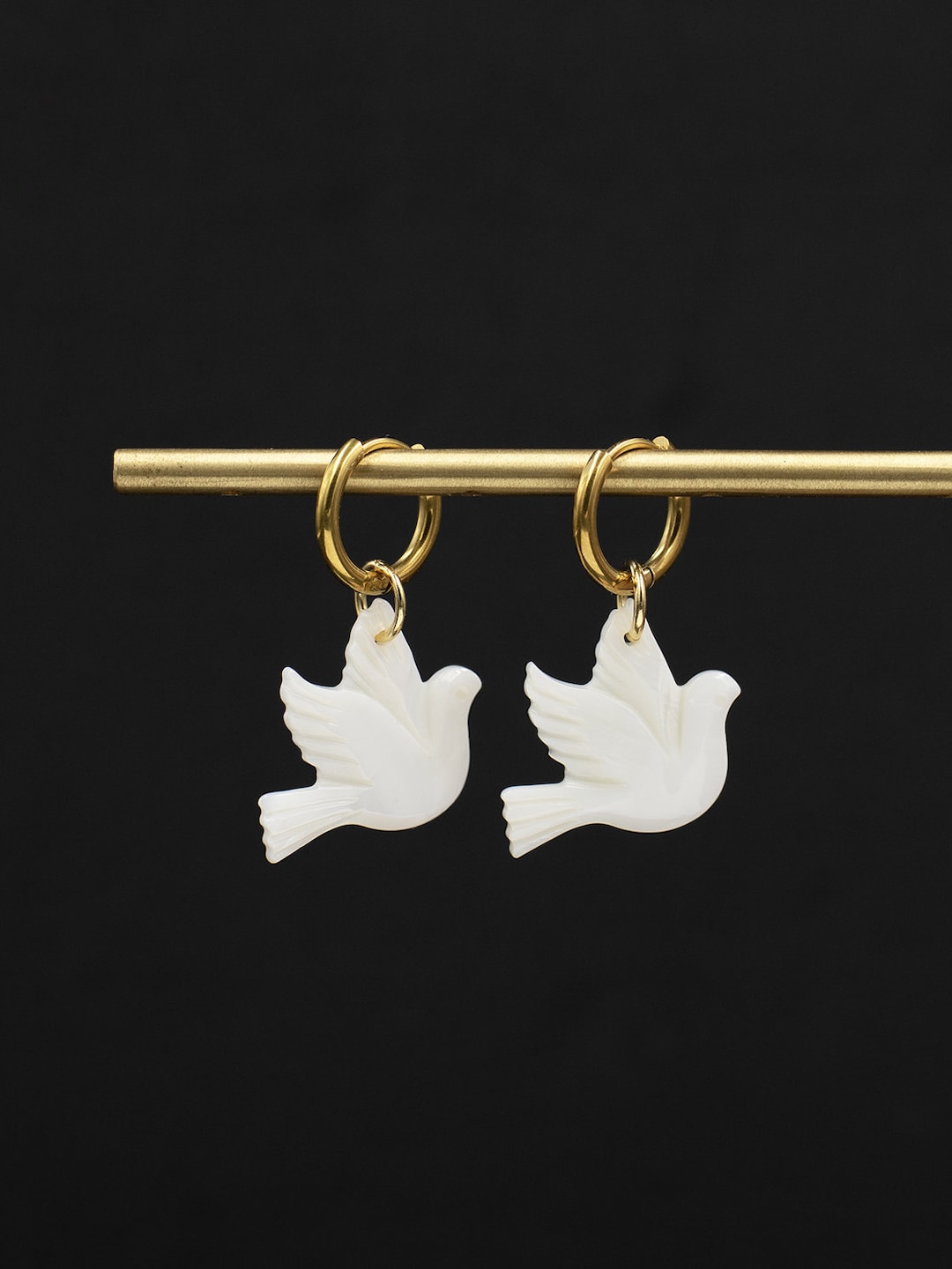 Carved Mother of Pearl Dove Hoop Earrings Gold or Silver Stainless ...