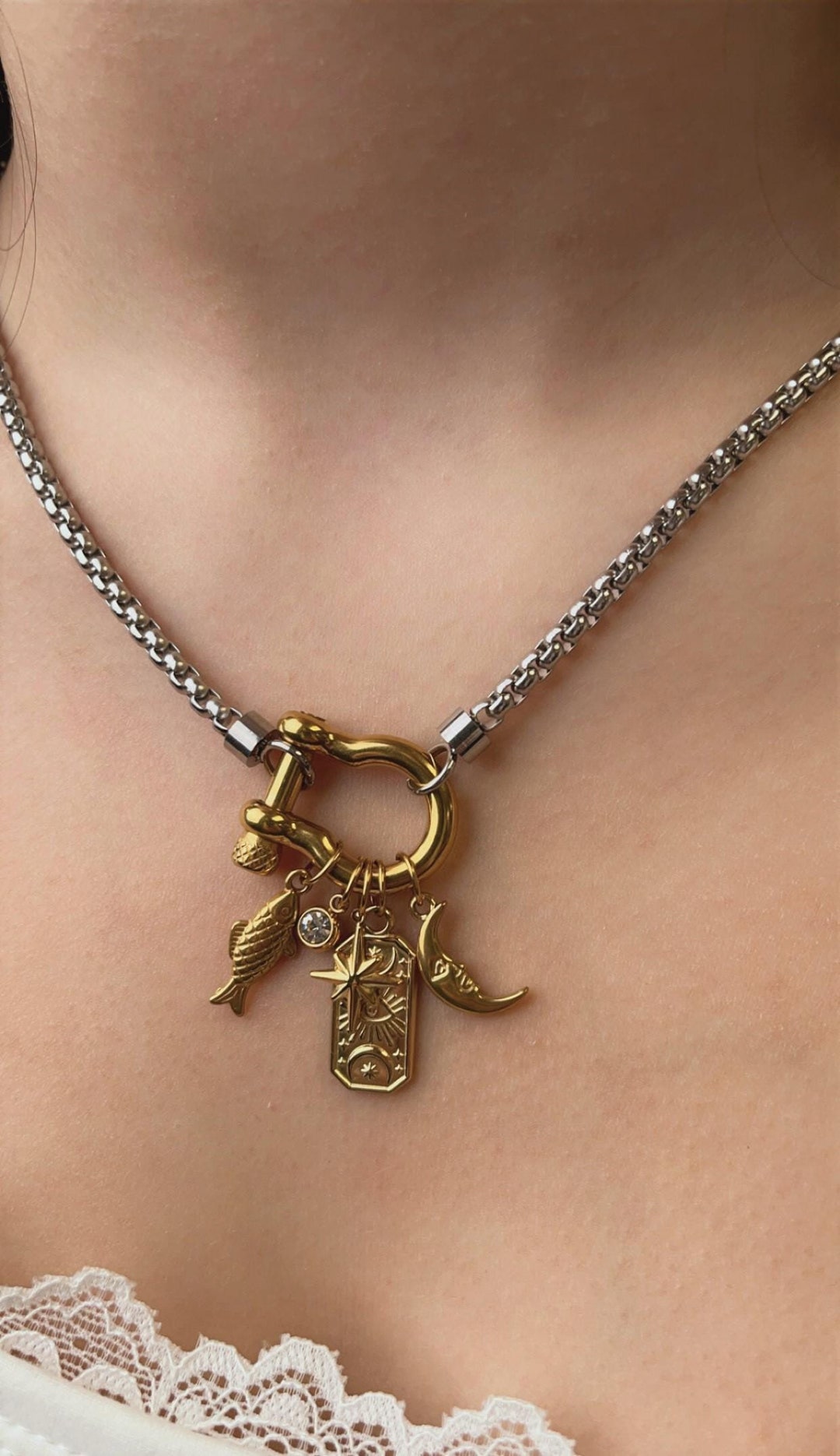 Personalized Gold Charm Holder Necklace Mixed Metals Shackle Clasp Box ...