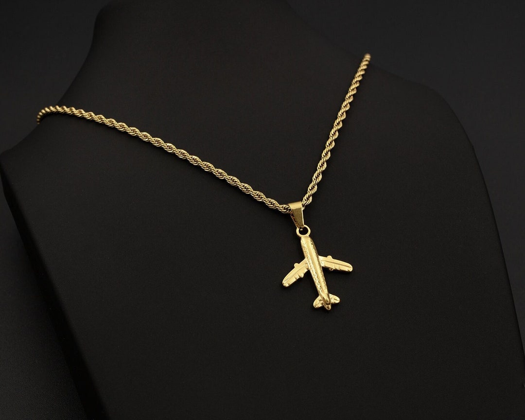 18K Gold Airplane Chain Necklace, Gold Rope Chain With Plane Pendant ...