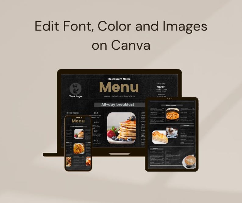 Editable Restaurant Menu Template: Canva Design, A4 Size (PDF) - Etsy