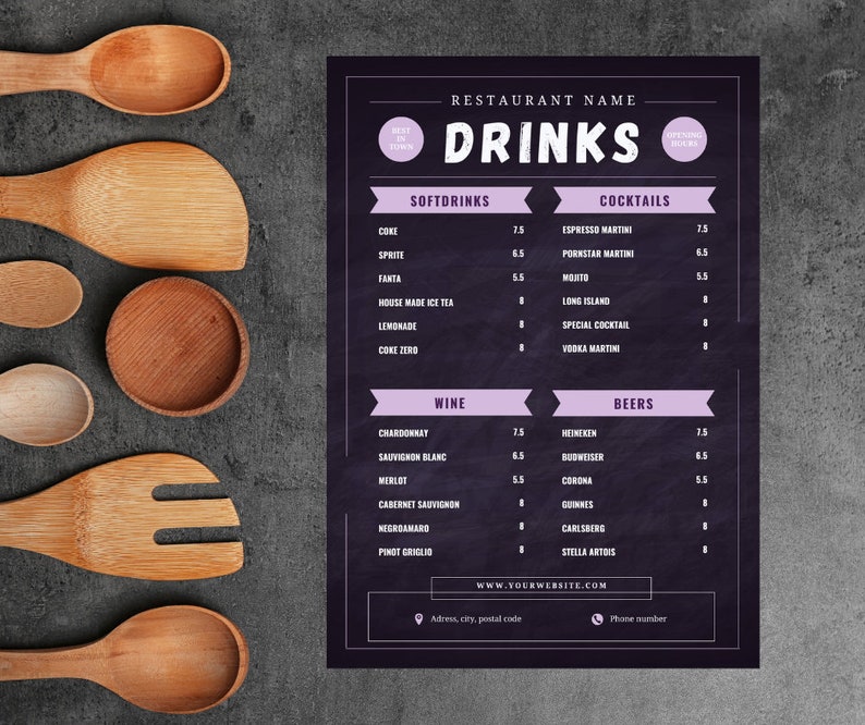 Simple Restaurant Menu Template + Drinking Menu, Canva Template, Editable Menu, Price List, A4 ...