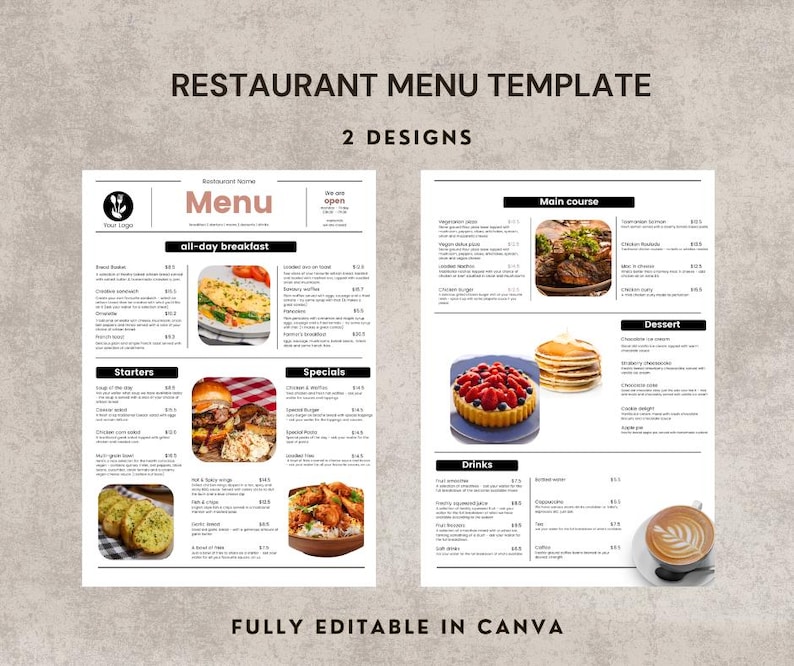 Restaurant Menu Template: Editable Canva Design (A4) - Etsy