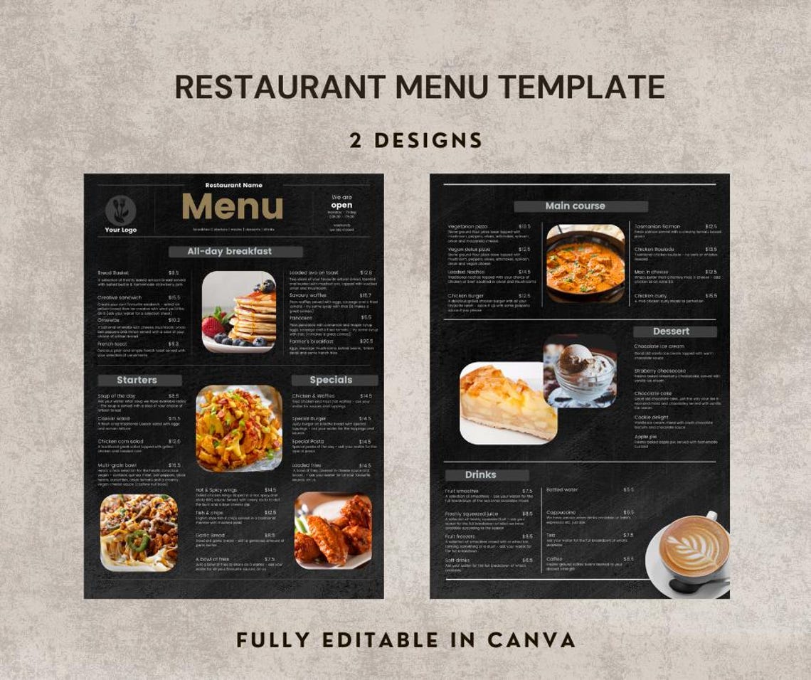 Editable Restaurant Menu Template: Canva Design, A4 Size (PDF) - Etsy