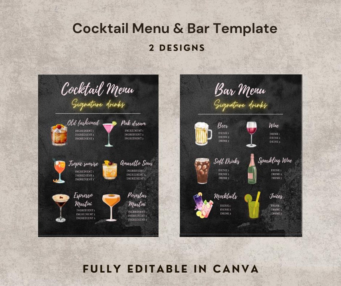 Stylish Cocktail Menu Template: Bar & Wedding Drinks (canva) - Etsy