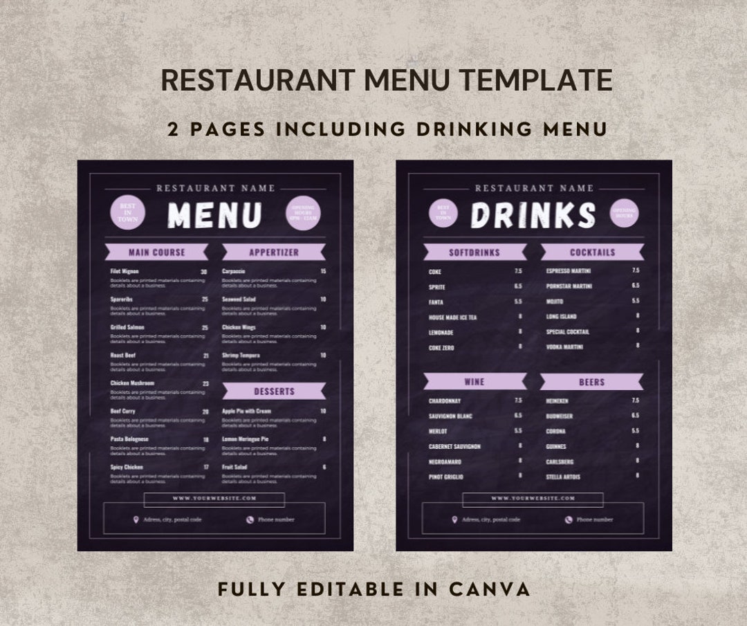 Simple Restaurant Menu Template + Drinking Menu, Canva Template ...