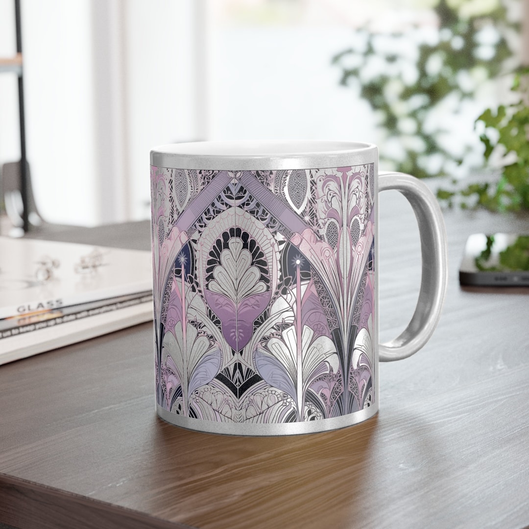 Ice Violet Glimmer Art Deco Luxury Mug in Silver, Art Nouveau, Art Deco, Mug, Coffee Mug ...