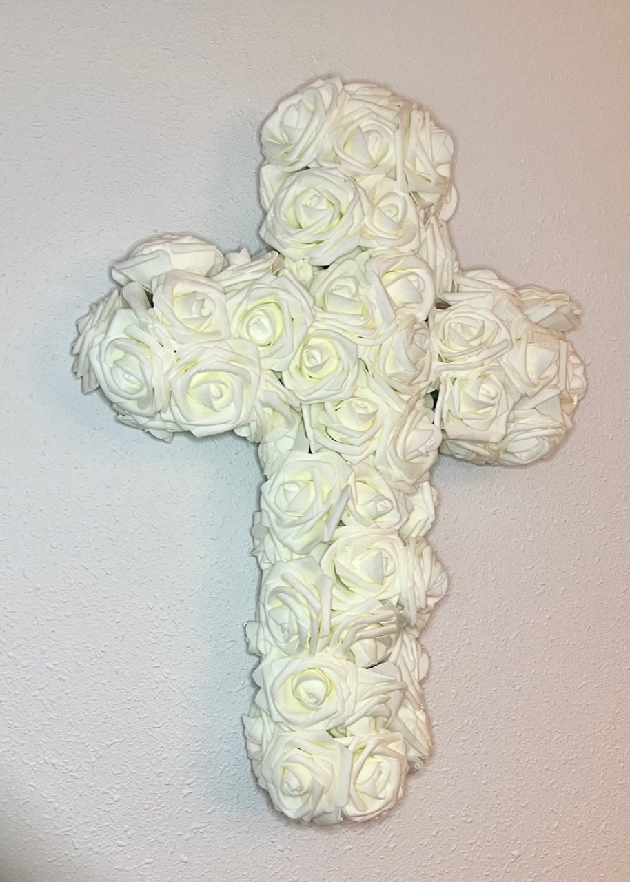 Wall Cross Wall Decor White Rose Cross Decoration Floral Wall Cross ...