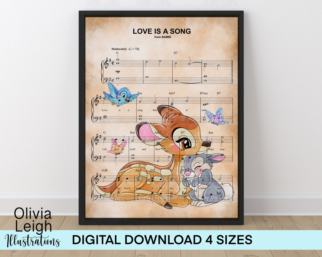 Cute Bambi Sheet Music Printable Wall Art, Childrens Prints, DIGITAL ...
