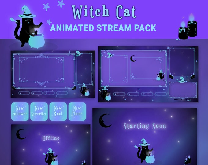 Animated Twitch Stream Overlays Package Celestial Witchy Black Cat ...