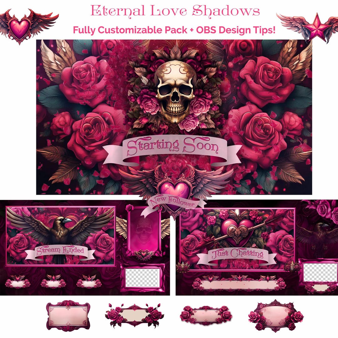 Pink Roses Stream Pack | Gothic Twitch Overlay Package With Animated ...