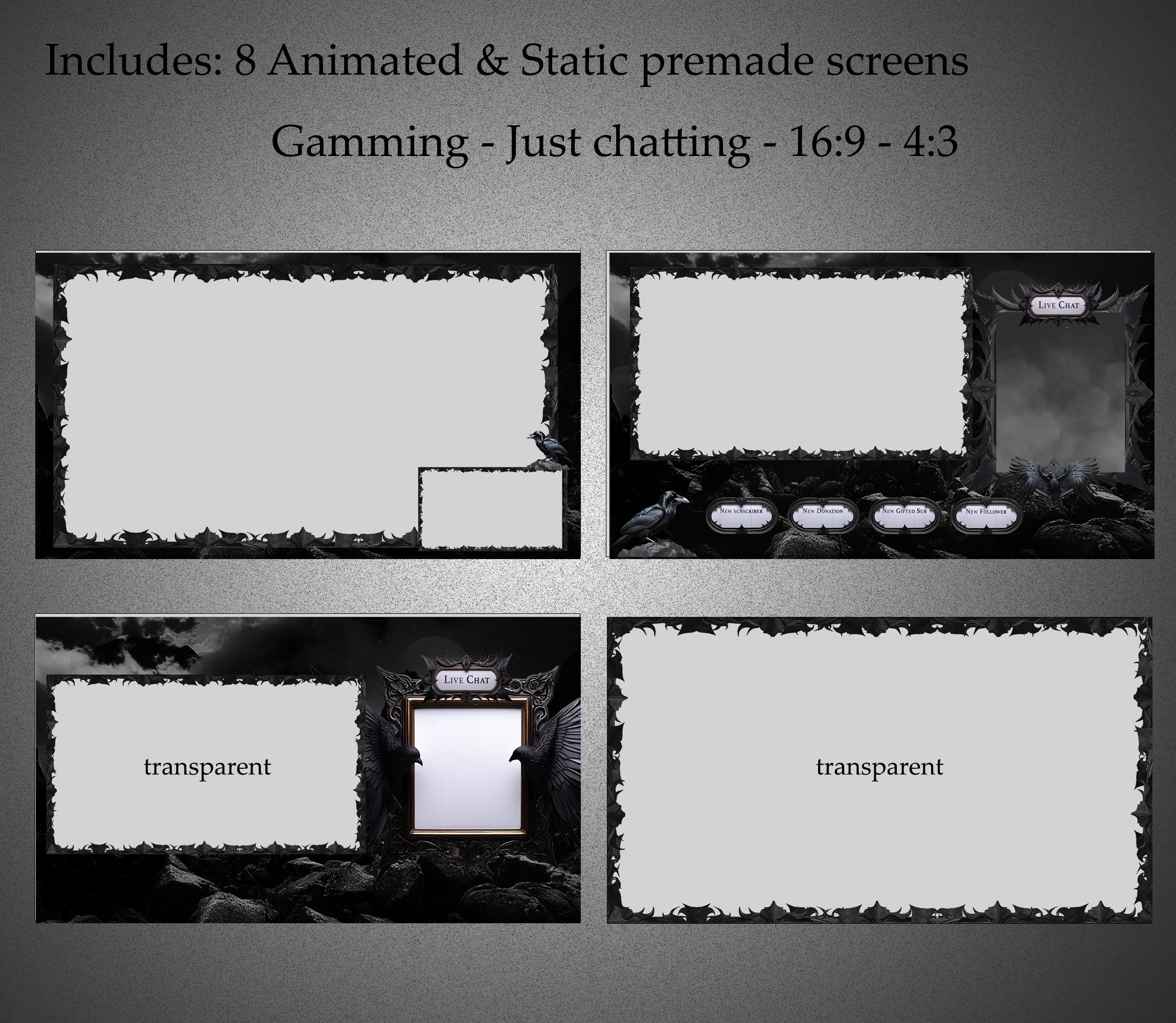 Black Gothic Crow Animated Stream Package, Twitch Pack, Overlays ...