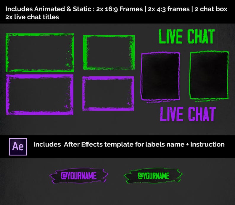 Grunge Punk Animated Stream Pack: Green & Purple Twitch Overlays (after ...