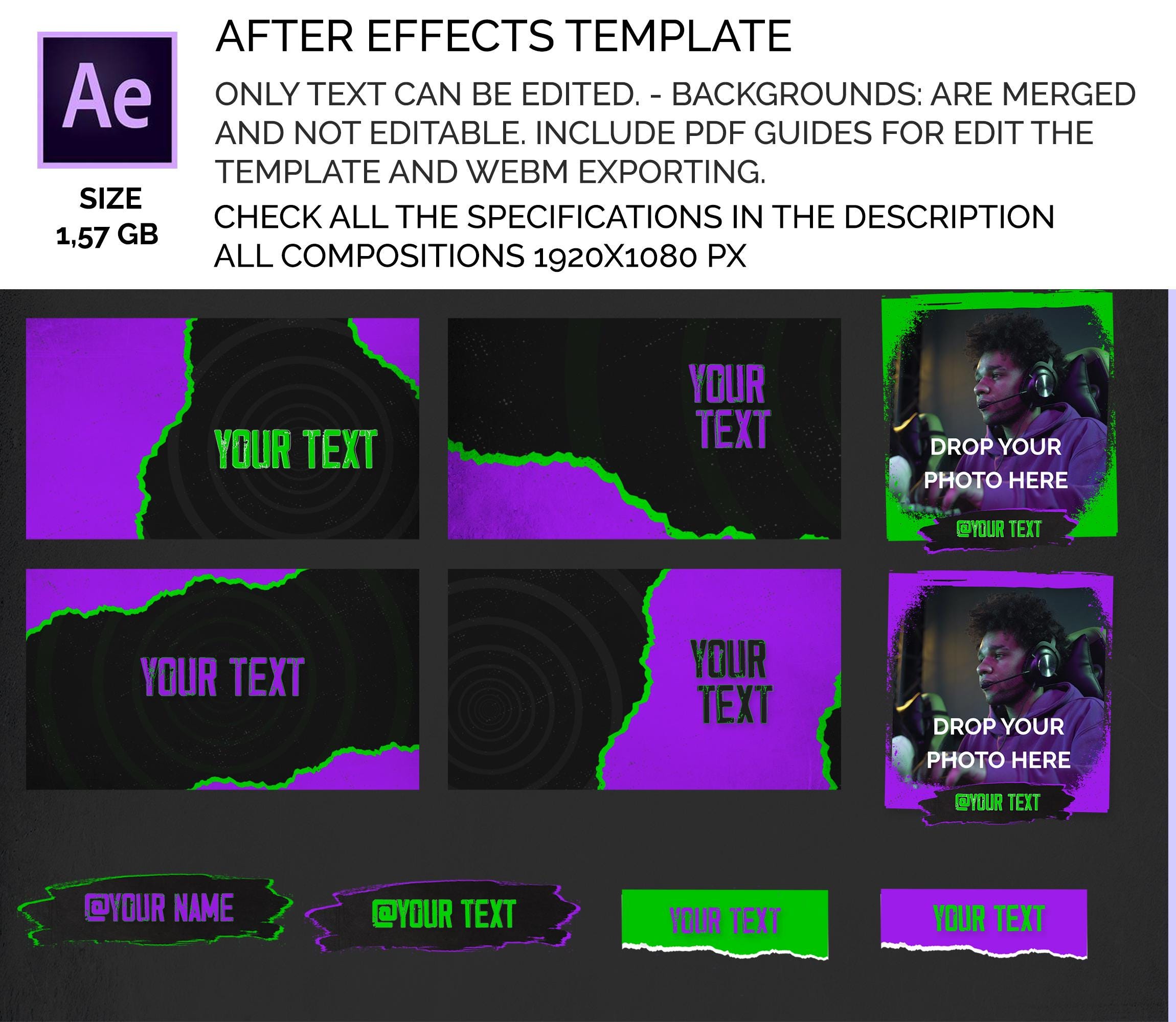 Grunge Punk Animated Stream Pack: Green & Purple Twitch Overlays (after ...