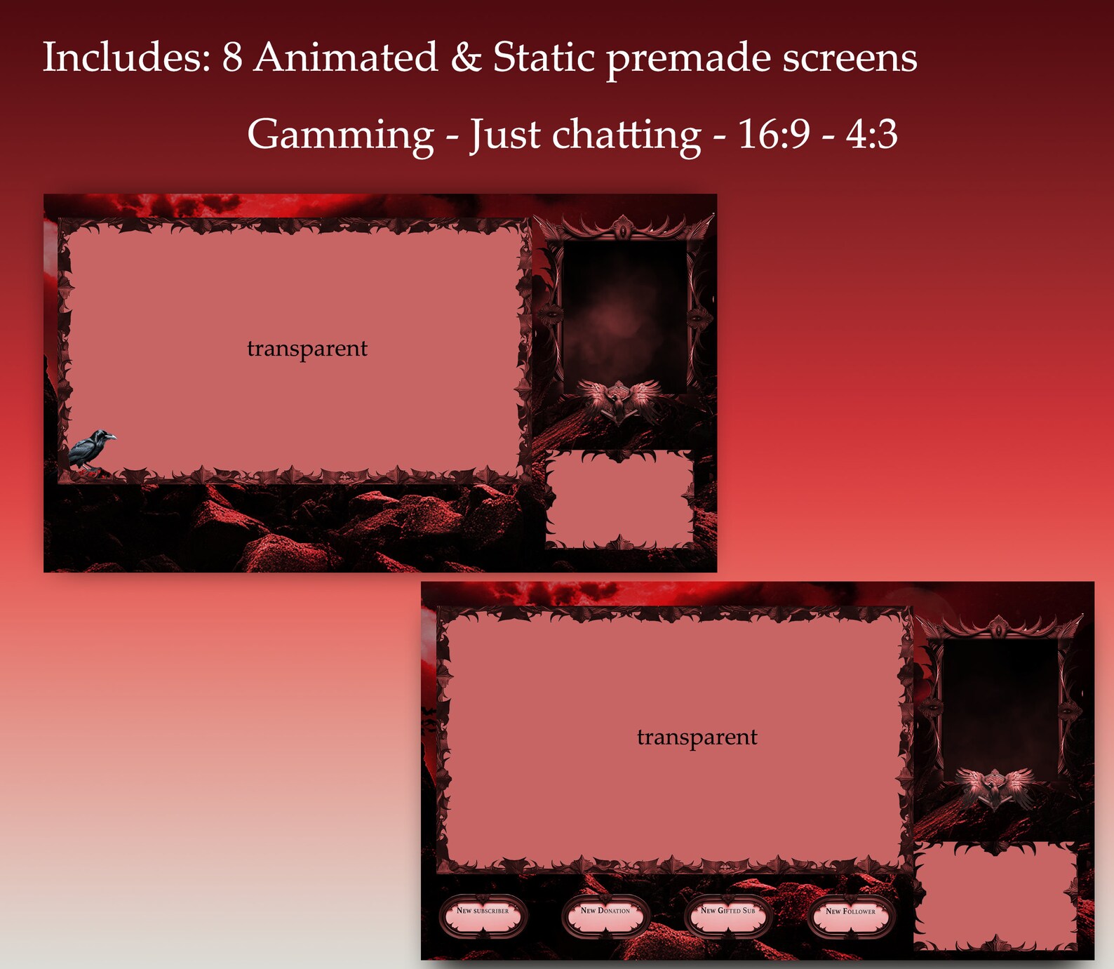 Red Gothic Raven Animated Stream Package, Twitch Pack, Overlays Screens ...