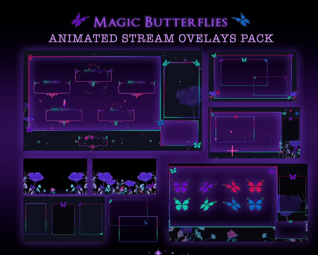 Butterflies Stream Overlay Package, Magic Sky Night Butterflies, Twitch ...