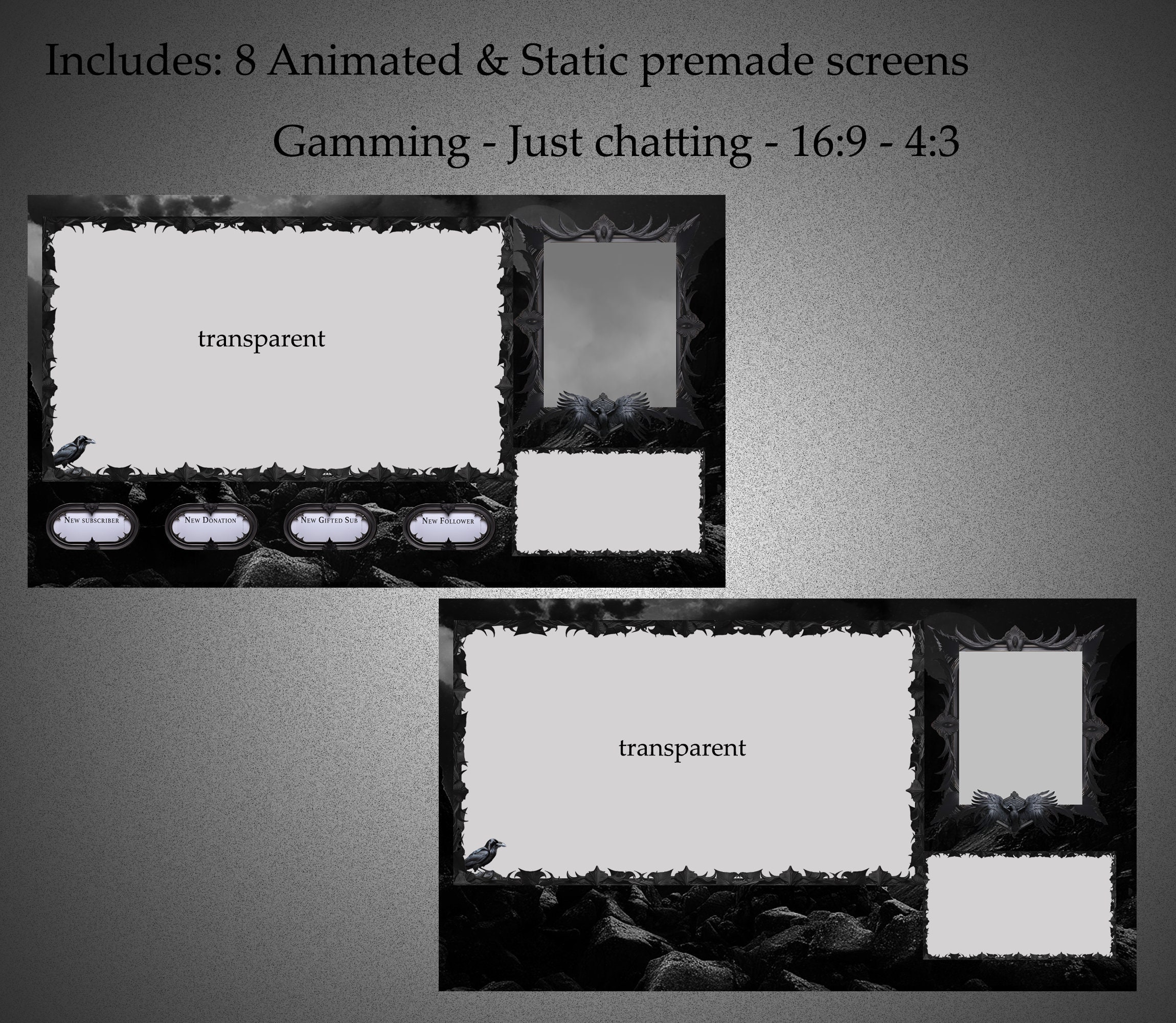 Black Gothic Crow Animated Stream Package, Twitch Pack, Overlays ...