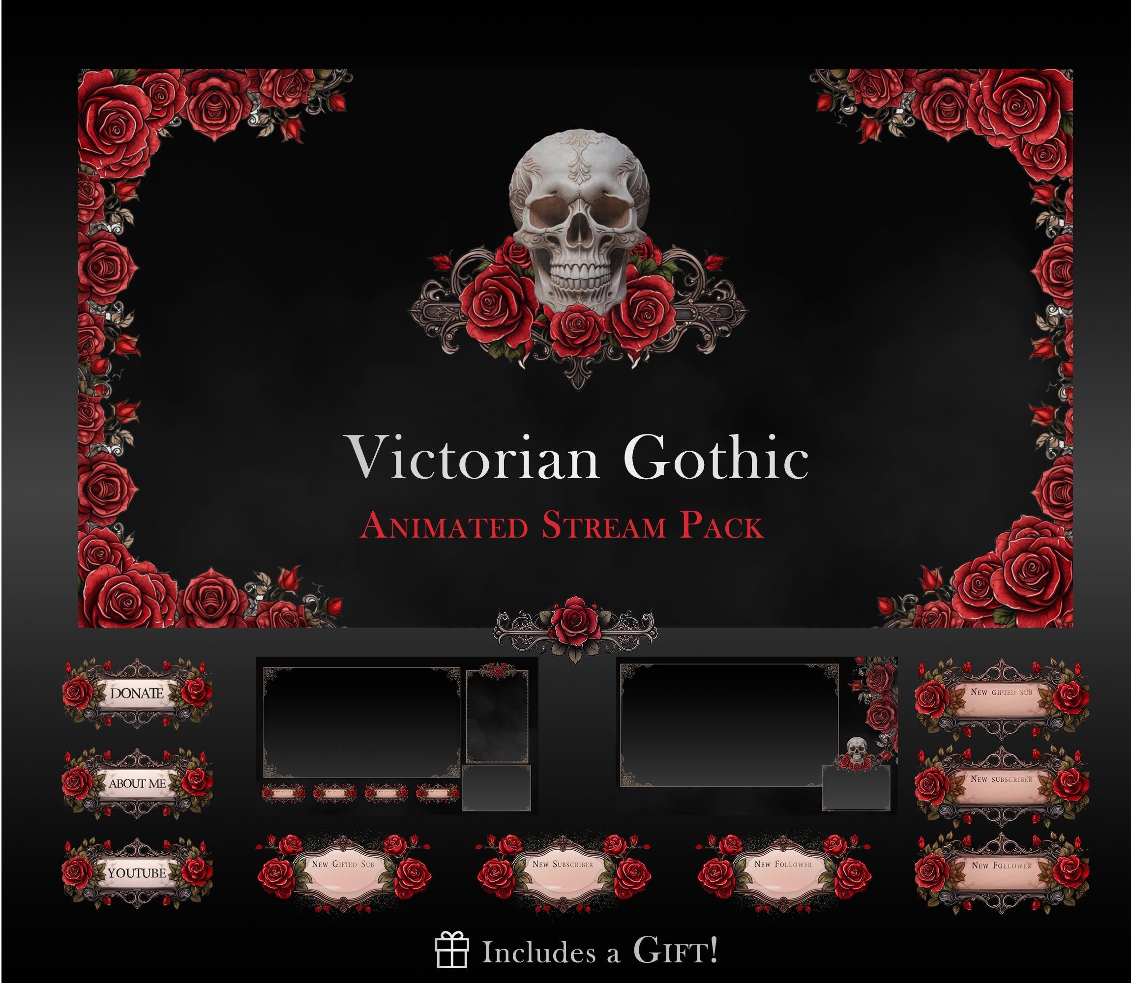 Gothic Rose Animated Stream Pack: Victorian Skull Roses Twitch Overlays ...
