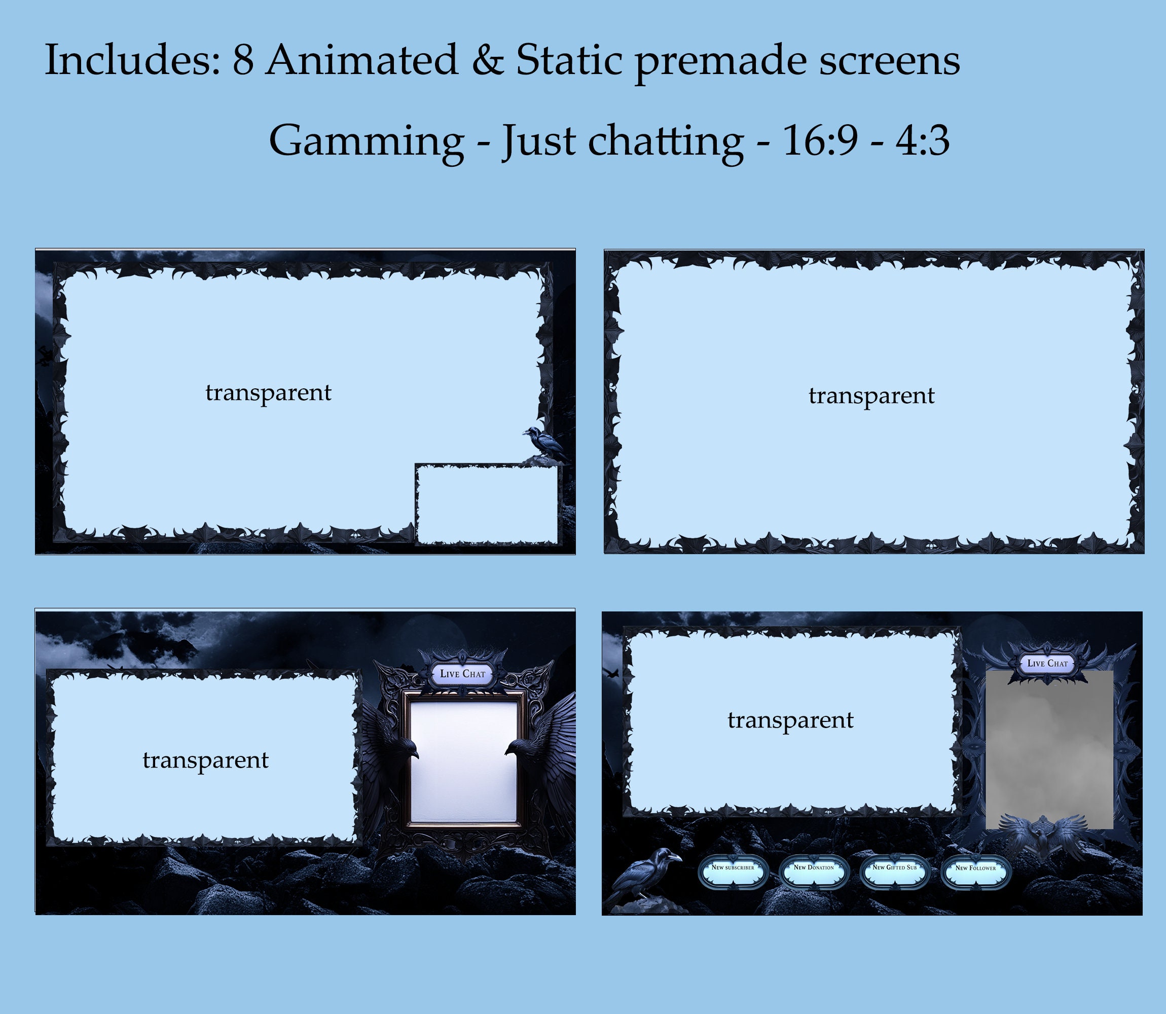 Blue Gothic Raven Animated Stream Package: Twitch Overlays, Alerts ...