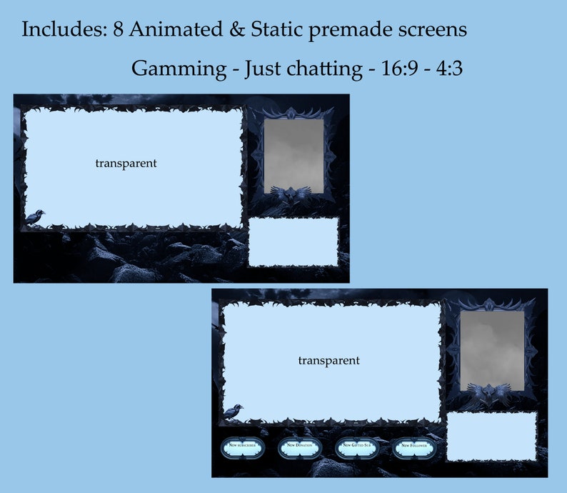 Blue Gothic Raven Animated Stream Package: Twitch Overlays, Alerts ...