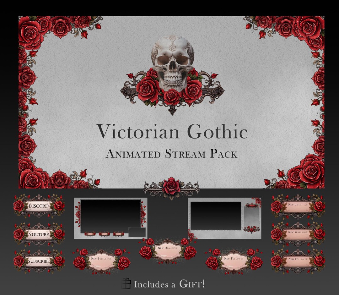 Victorian Gothic Stream Pack | Red Roses & Skull Animated Overlays for ...