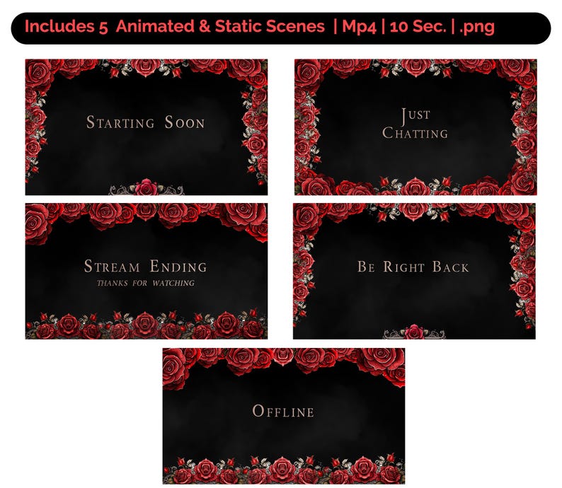 Gothic Red Roses Animated Stream Pack: Dark Twitch Overlays, Black and ...