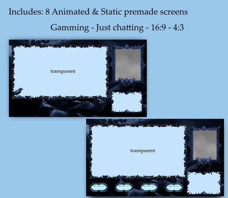 Blue Gothic Raven Animated Stream Package: Twitch Overlays, Alerts ...