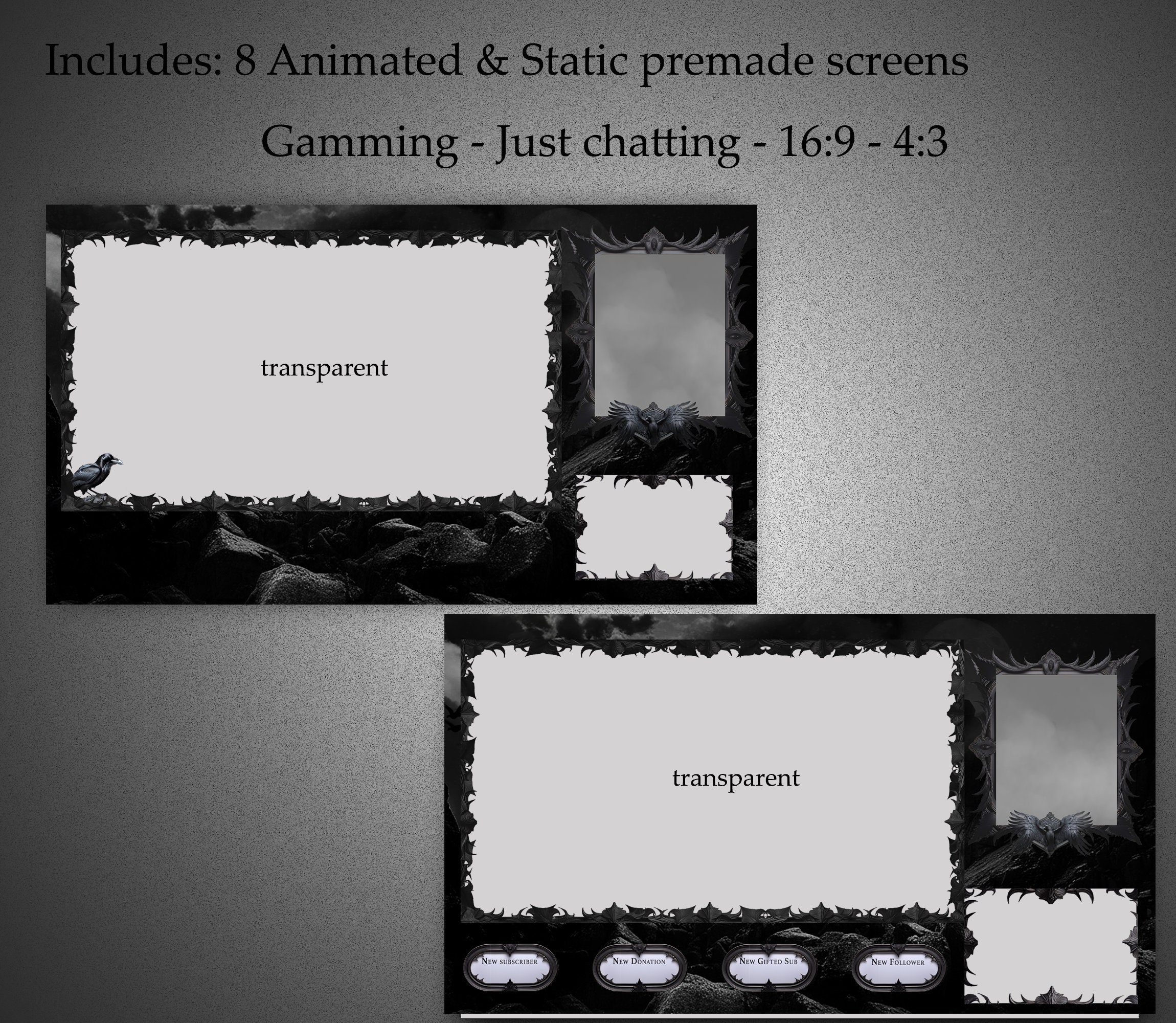 Black Gothic Crow Animated Stream Package, Twitch Pack, Overlays ...