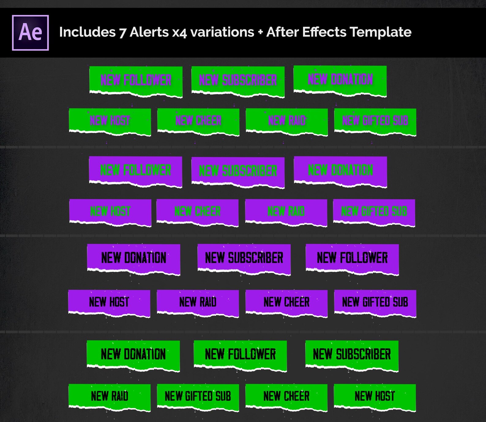 Grunge Punk Animated Stream Pack - Green & Purple Twitch Overlays With ...