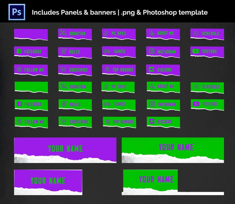 Grunge Punk Animated Stream Pack: Green & Purple Twitch Overlays (after ...