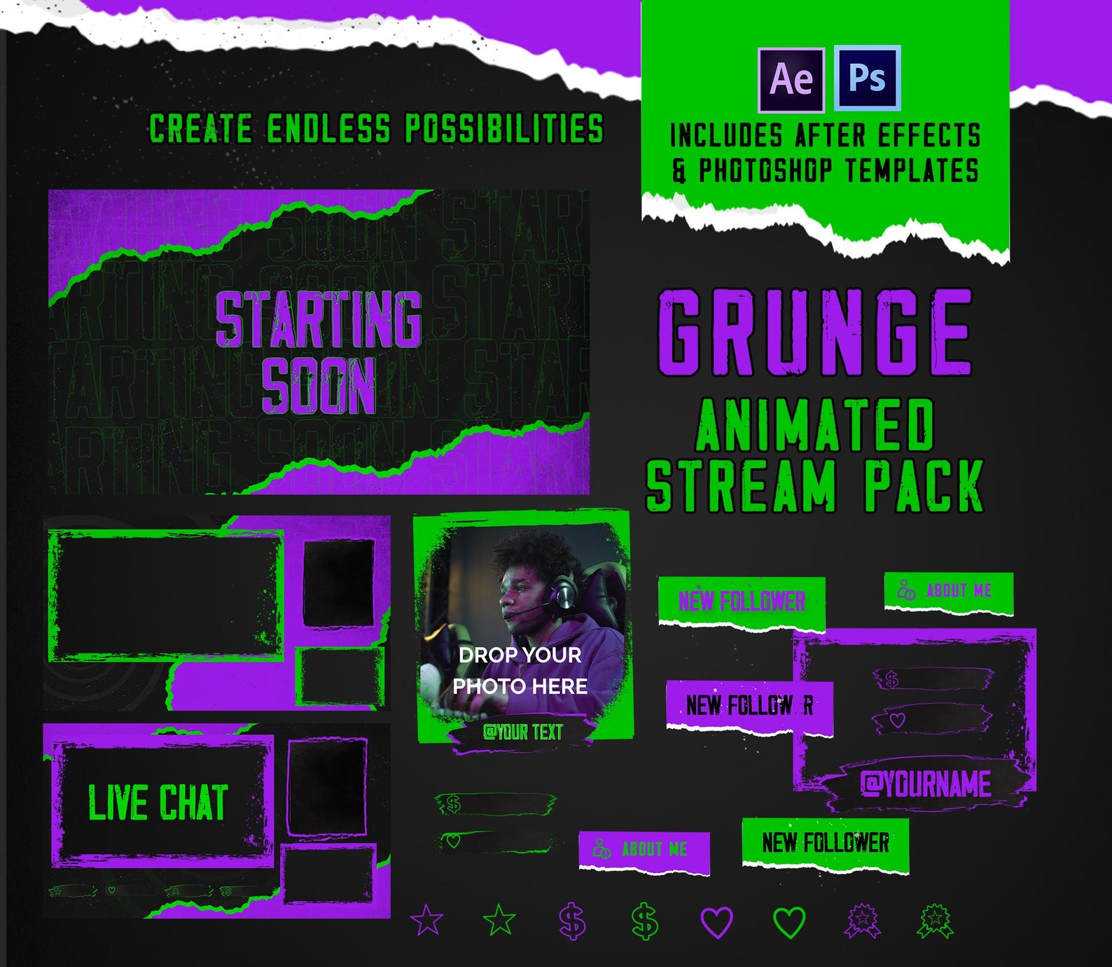 Grunge Punk Animated Stream Pack: Green & Purple Twitch Overlays (after ...