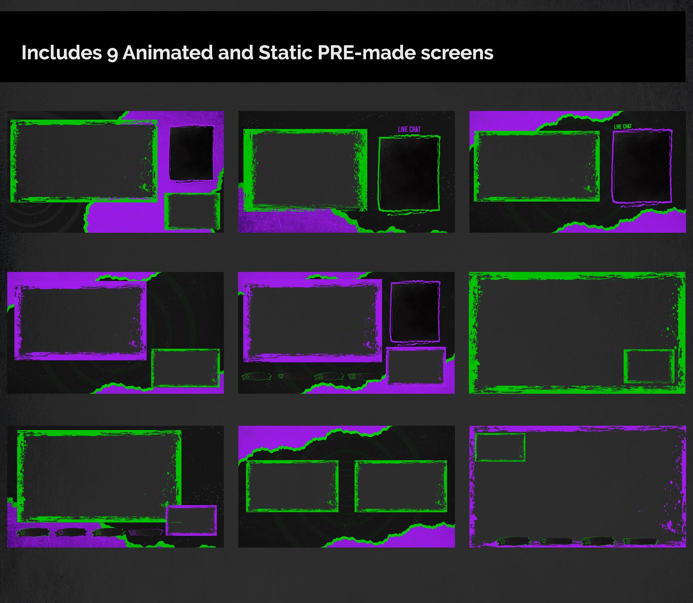 Grunge Punk Animated Stream Pack - Green & Purple Twitch Overlays With ...
