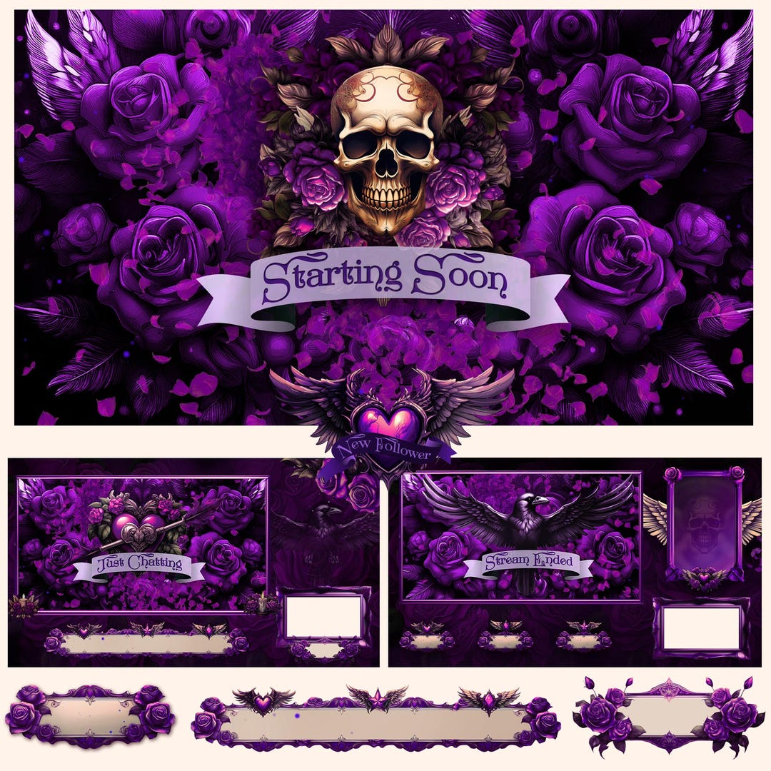 Gothic Stream Pack | Purple Twitch Overlay, Crow Overlay, Purple Roses ...