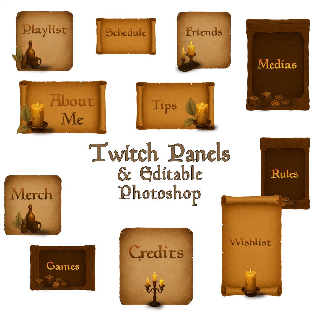 Twitch Stream Panels Set: Cozy Wood & Parchment Design (PSD Editable ...