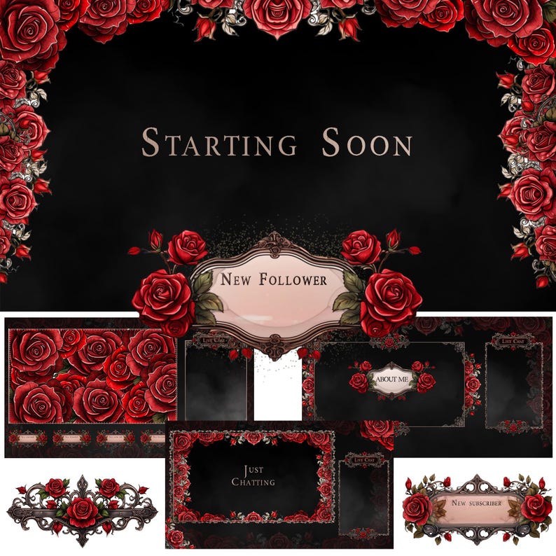 Gothic Red Roses Animated Stream Pack: Dark Twitch Overlays, Black and ...