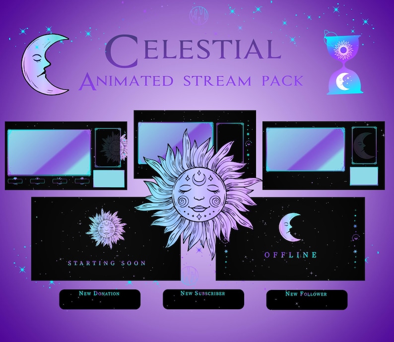 Celestial Twitch Stream Package: Animated Purple Sun & Moon Overlays - Etsy