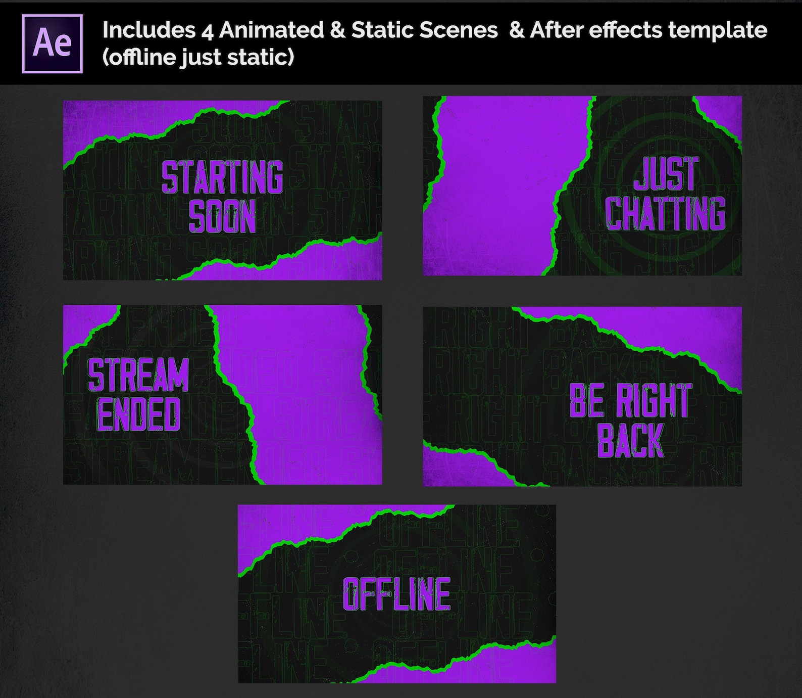 Grunge Punk Animated Stream Pack: Green & Purple Twitch Overlays (after ...