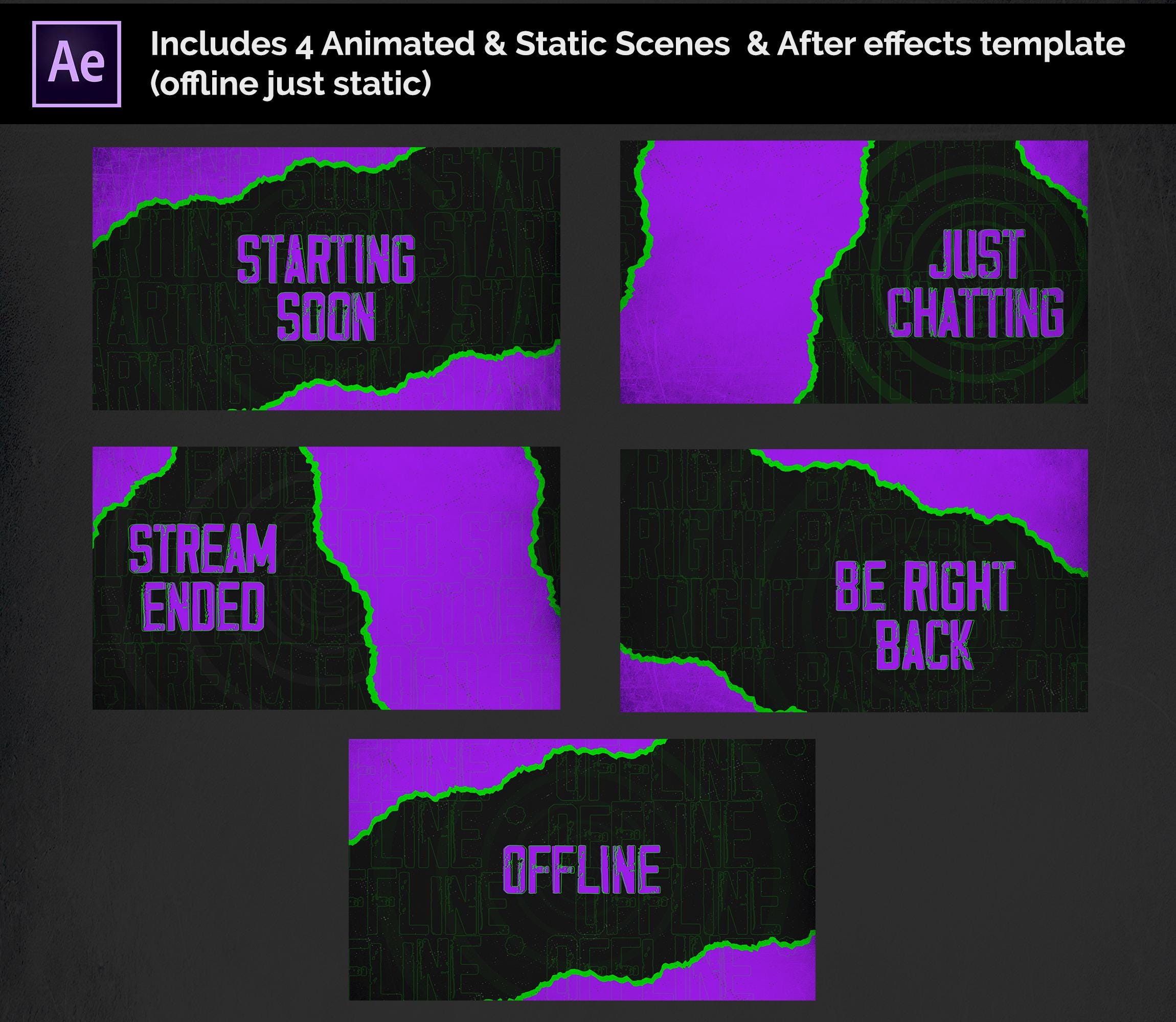 Grunge Punk Animated Stream Pack - Green & Purple Twitch Overlays With ...