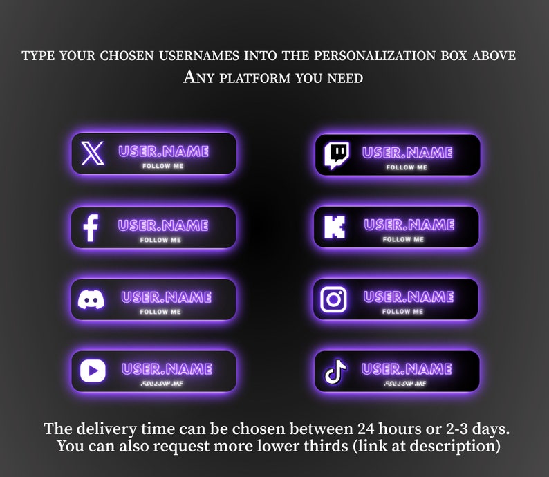 Purple Neon Custom Animated Button, Overlay Lower Thirds Social Media Youtube, X, Twitch ...