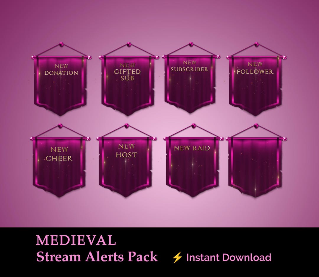 Animated Medieval Stream Alerts: Pink & Gold Twitch Overlay (instant ...