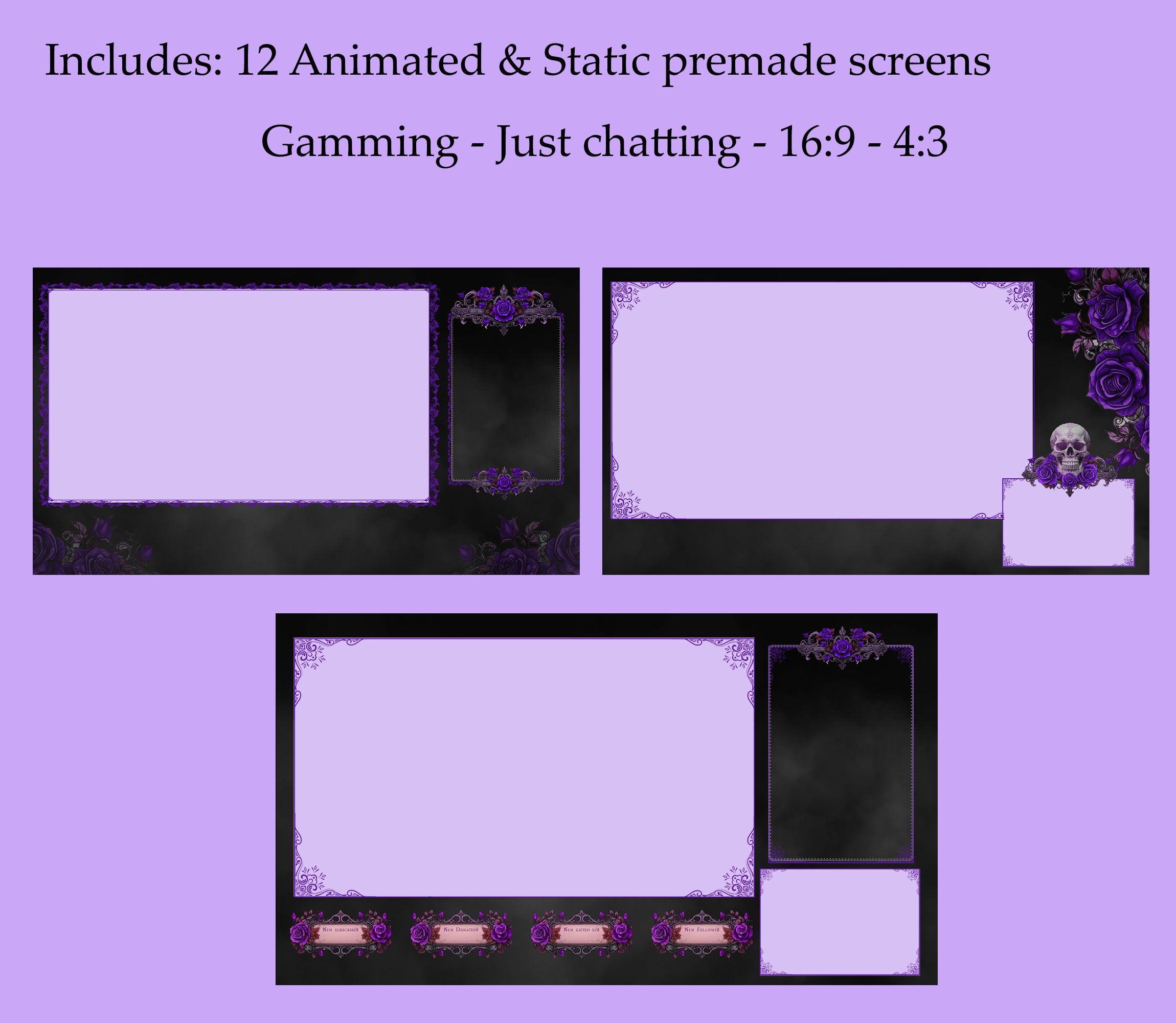 Animated Gothic Rose Stream Package - Purple and Black Twitch Overlays ...