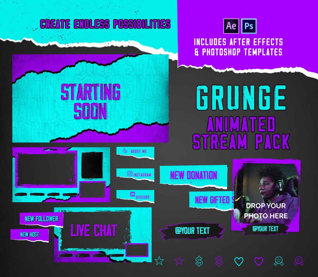 Grunge Punk Animated Stream Pack - Cyan & Purple Twitch Overlays With ...