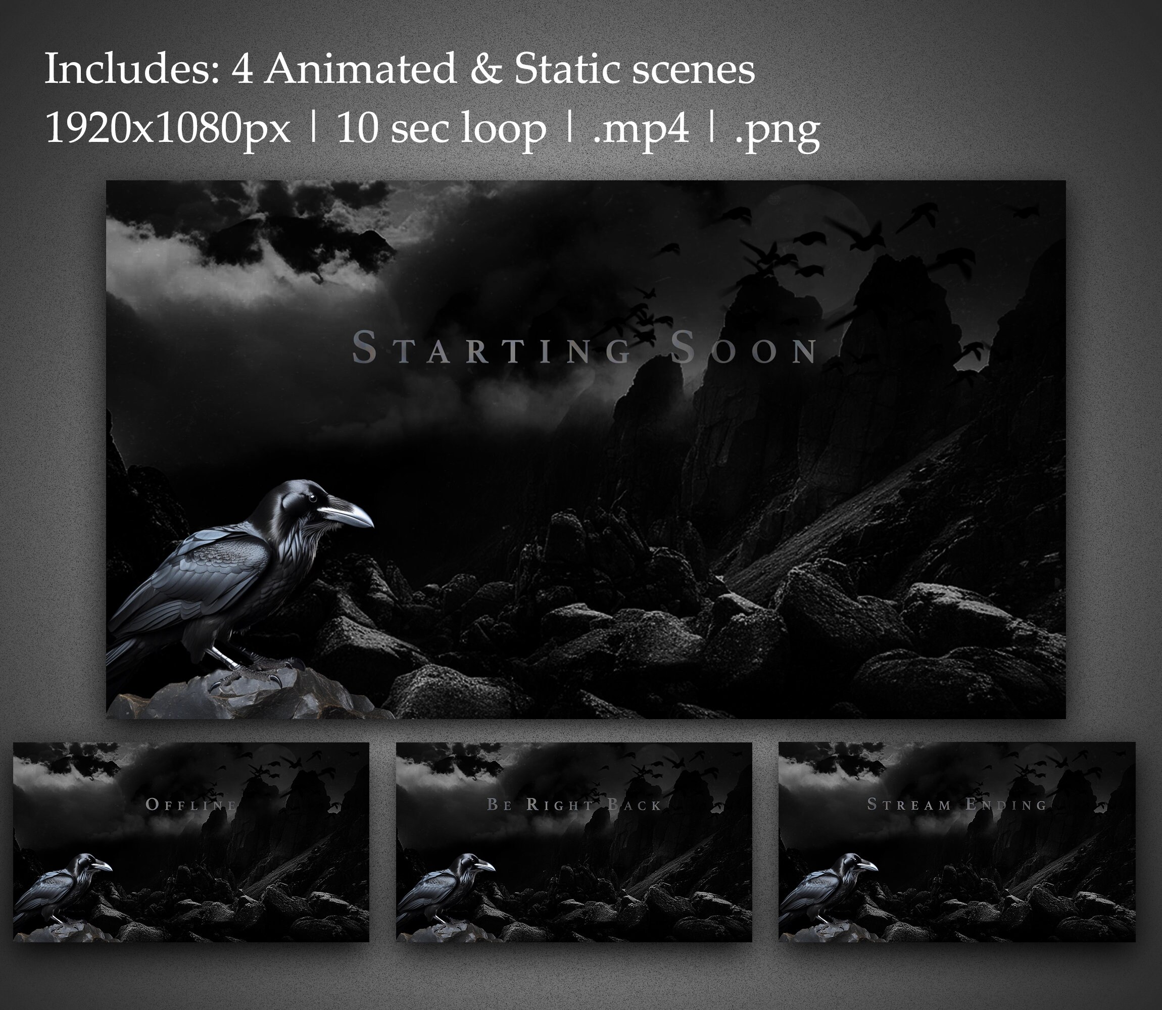 Black Gothic Crow Animated Stream Package, Twitch Pack, Overlays ...